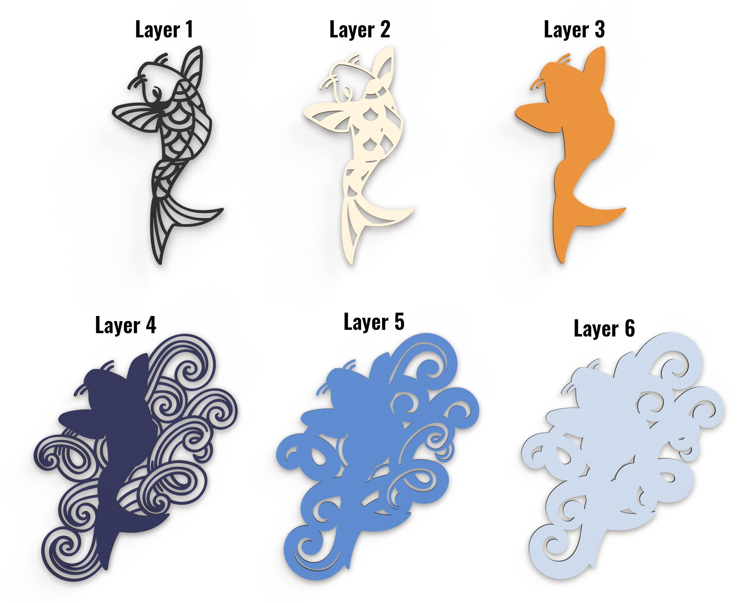 Koi Fish and Swirly Waves Layered SVG Files for Laser Cutting - Etsy