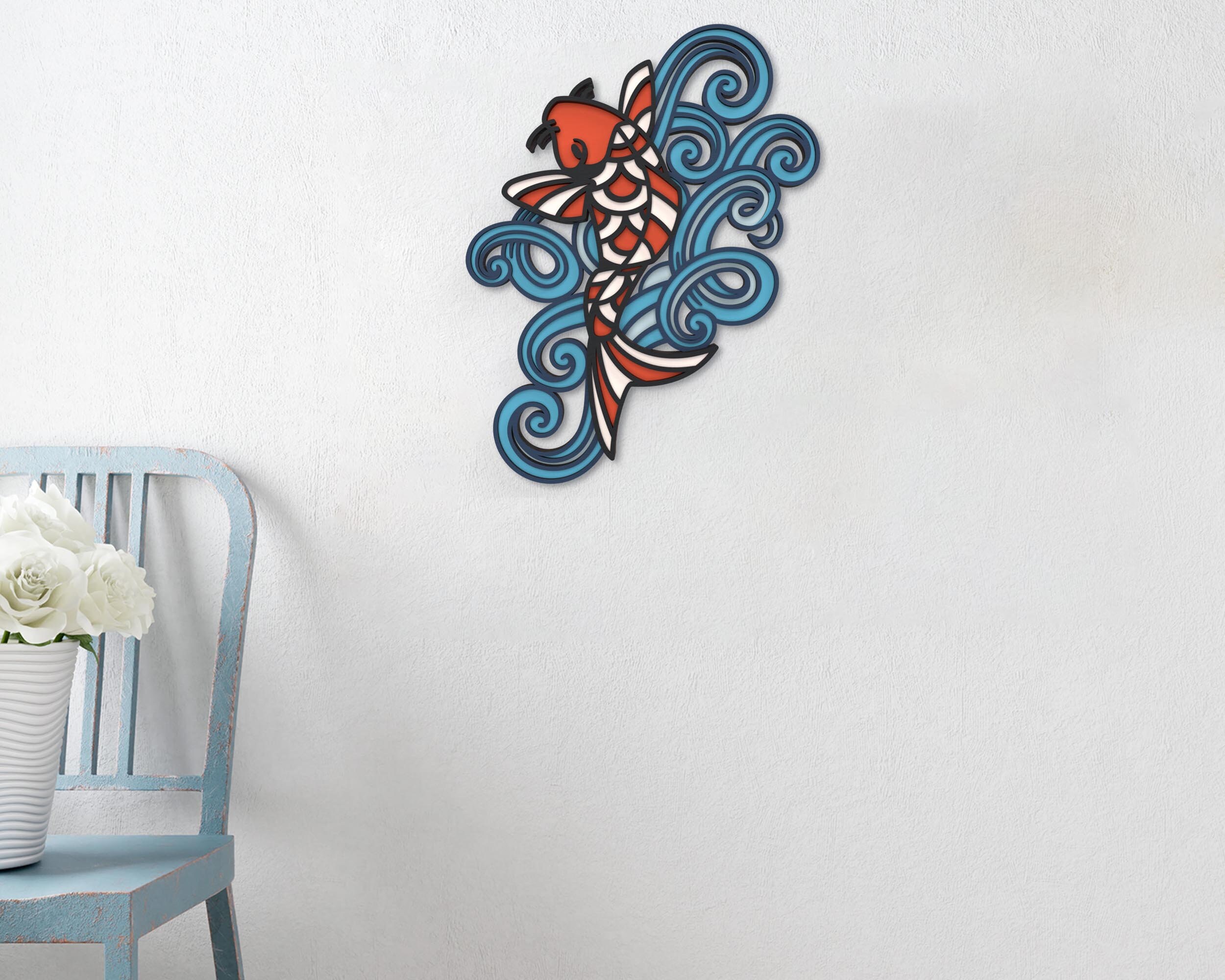 Koi Fish and Swirly Waves Layered SVG Files for Laser Cutting, Paper ...