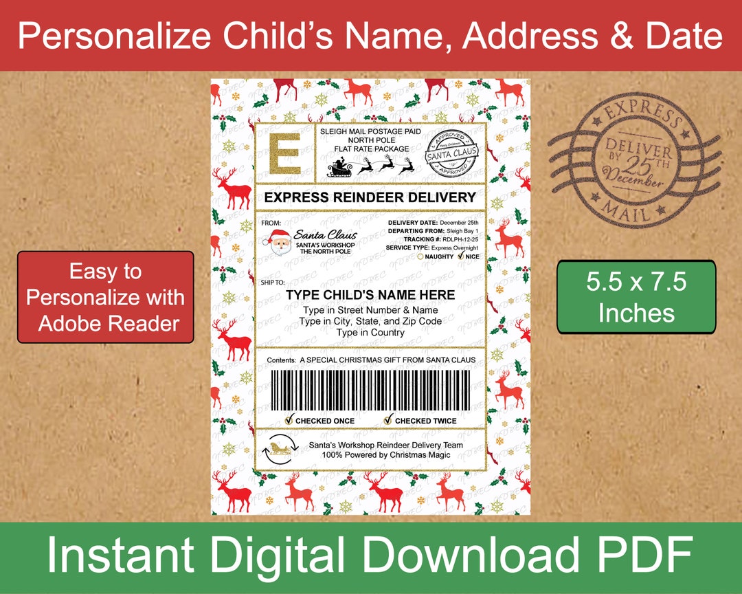 Editable Santa Shipping Label Template 5.5x7.5 | North Pole Mail ...