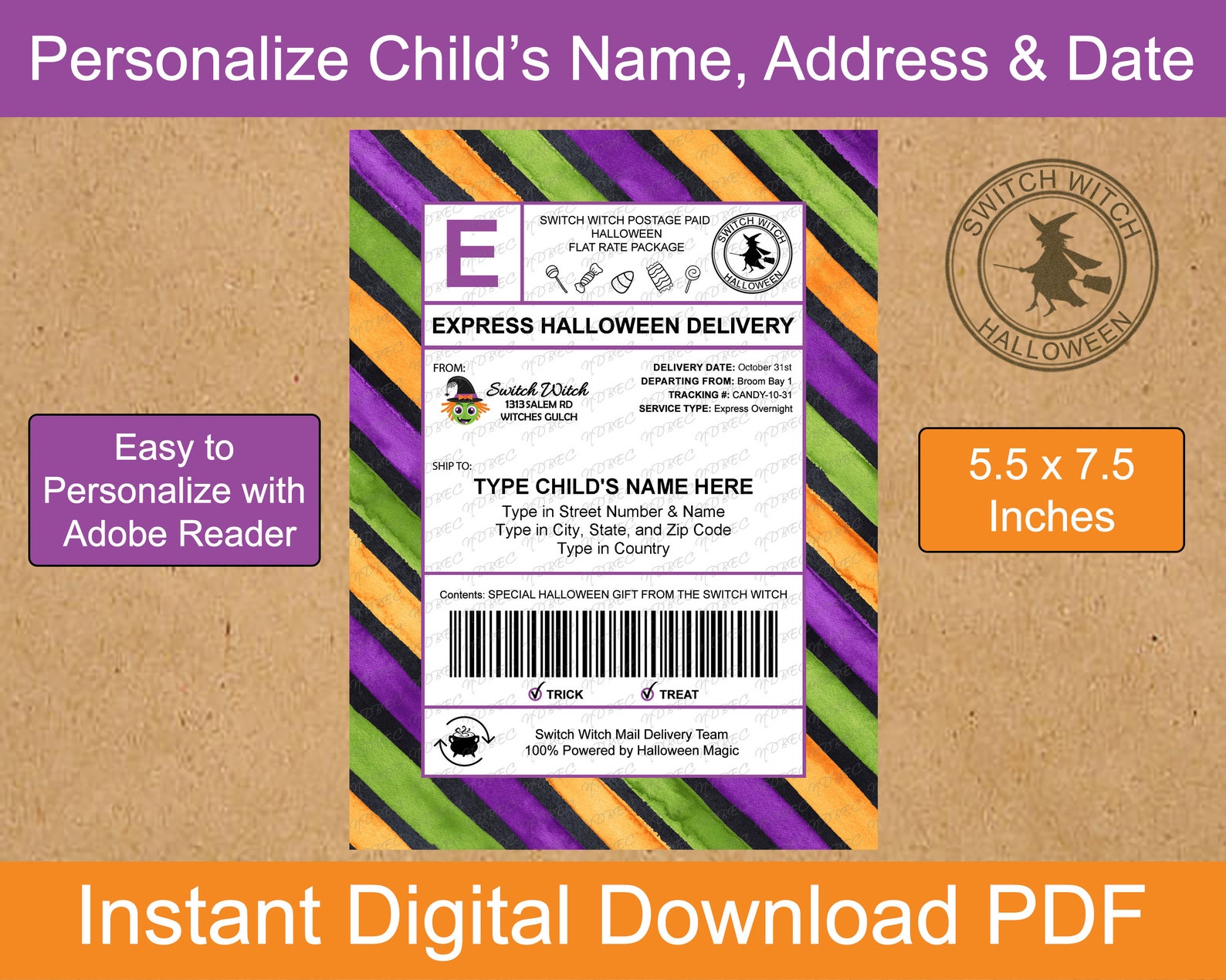 Editable Switch Witch Shipping Label Template 5.5x7.5 | Halloween Mail ...