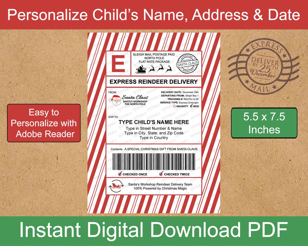 Editable Santa Shipping Label Template 5.5x7.5 | North Pole Mail ...