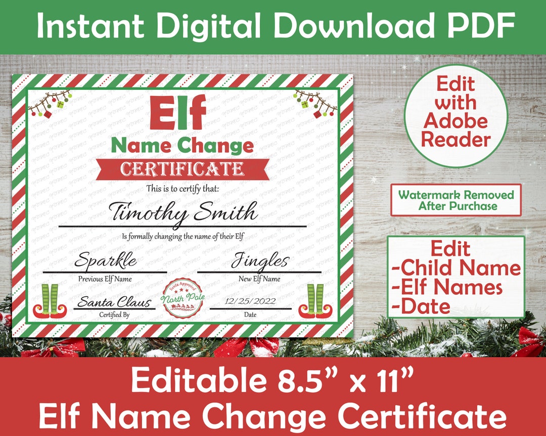 Editable Elf Name Change Certificate | Printable Customizable Elf Name ...