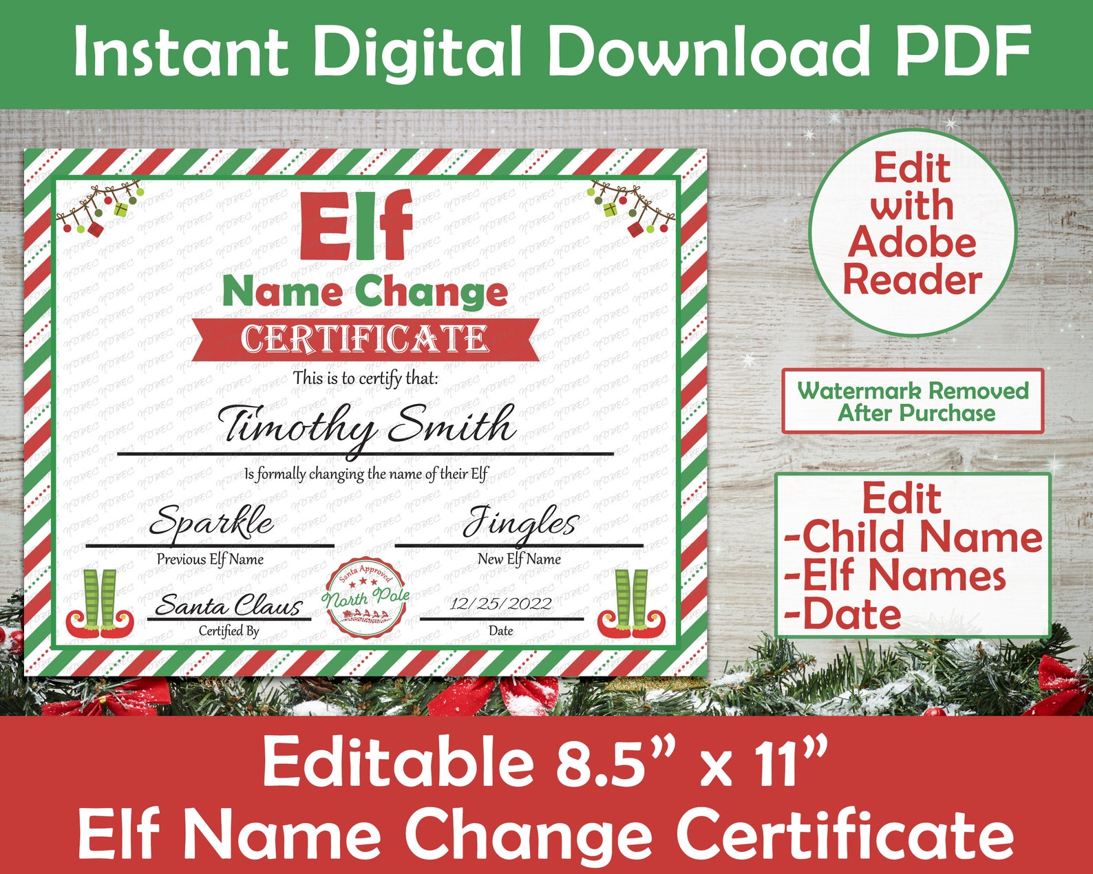 Editable Elf Name Change Certificate | Printable Customizable Elf Name ...