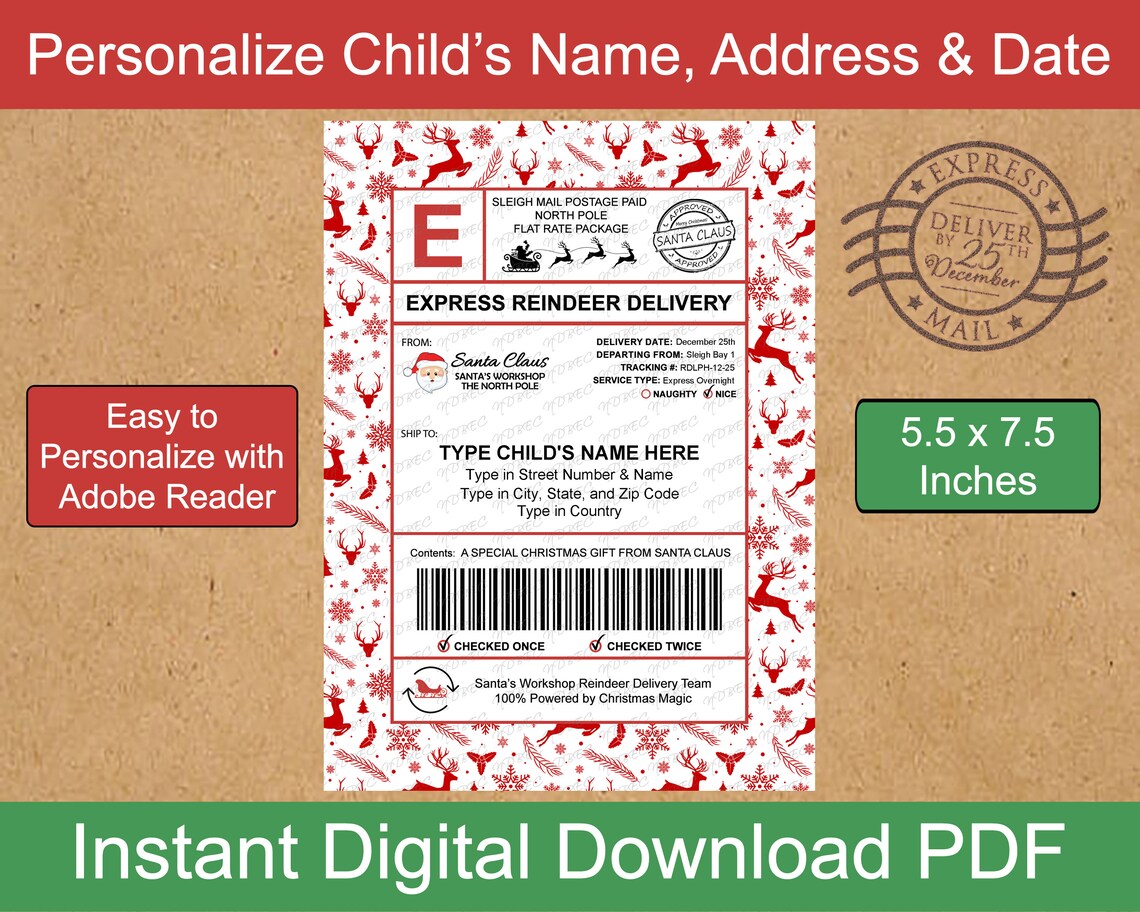 Editable Santa Shipping Label Template 5.5 X7.5 | North Pole Mail ...