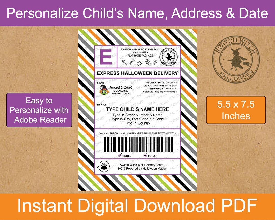 Editable Switch Witch Shipping Label Template 5.5x7.5 | Halloween Mail ...