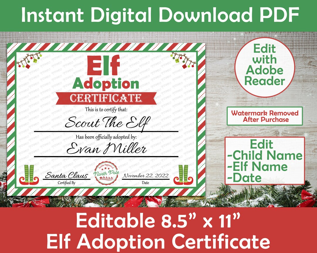 Editable Elf Adoption Certificate | Printable Customizable Elf Adoption ...