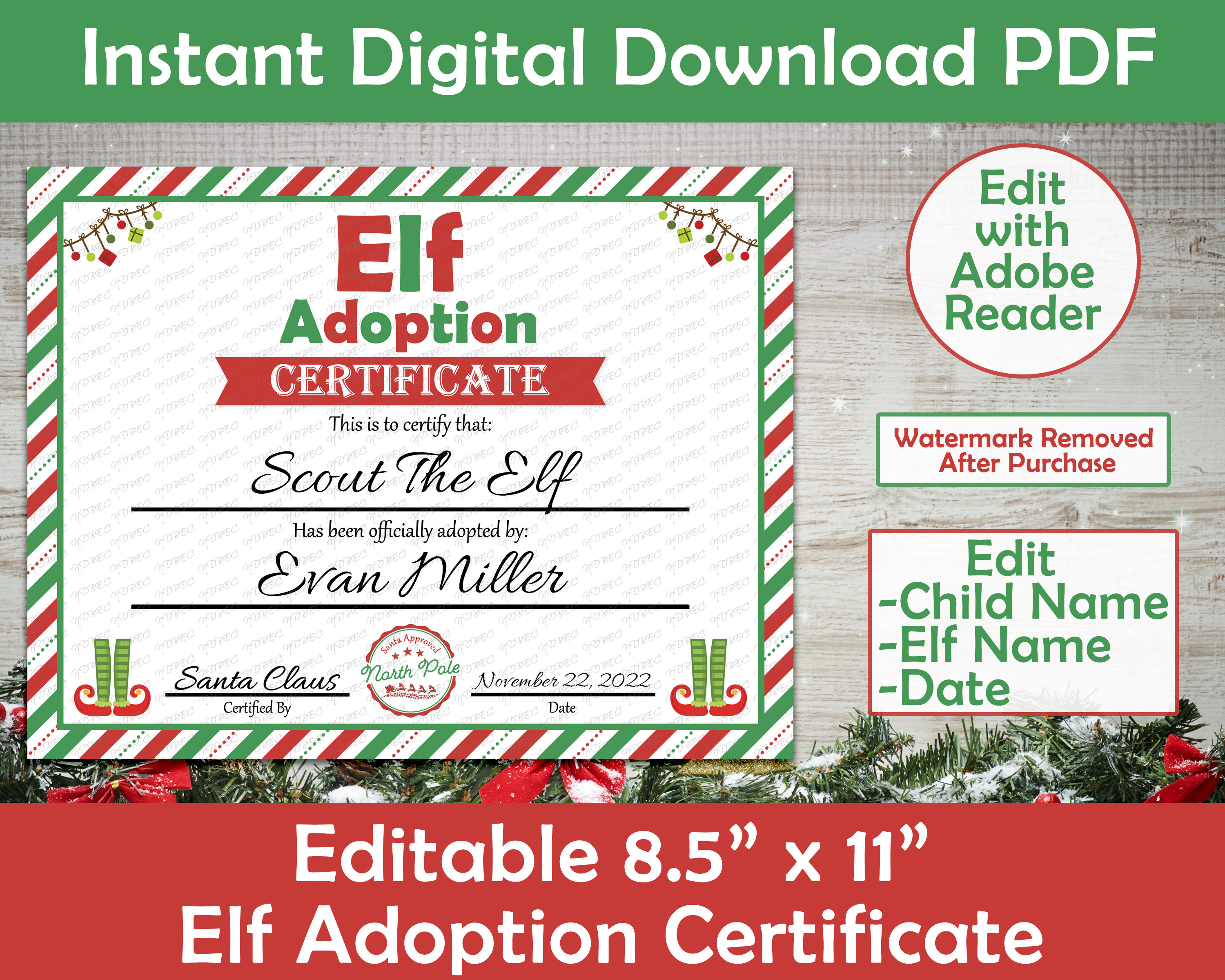 Editable Elf Adoption Certificate Printable Customizable Elf Adoption ...