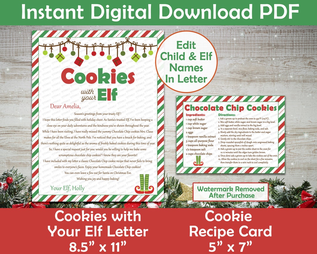 Elf Cookie Letter | Chocolate Chip Cookie Recipe Card | Printable ...