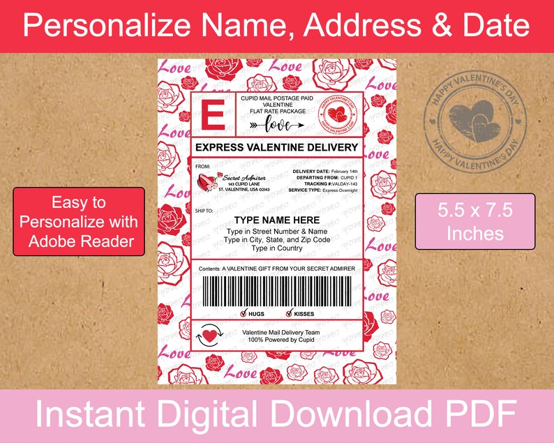 Editable Valentine's Day Shipping Label Template 5.5x7.5 - Etsy