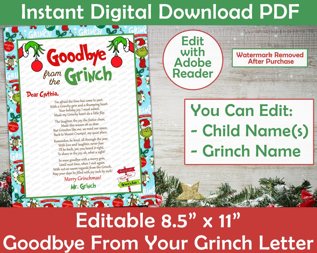 Grinch on a Bench Goodbye Letter Printable and Personalized Grinch ...