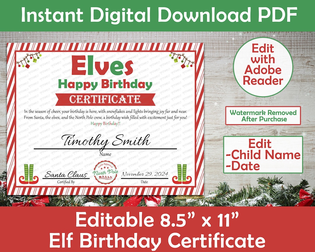 Elves Birthday Certificate | Happy Birthday From Your Elves Certificate ...