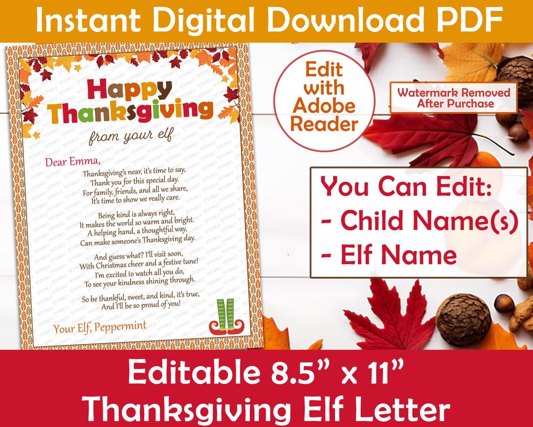 Elf Thanksgiving Letter | Happy Thanksgiving From Your Elf | Printable ...