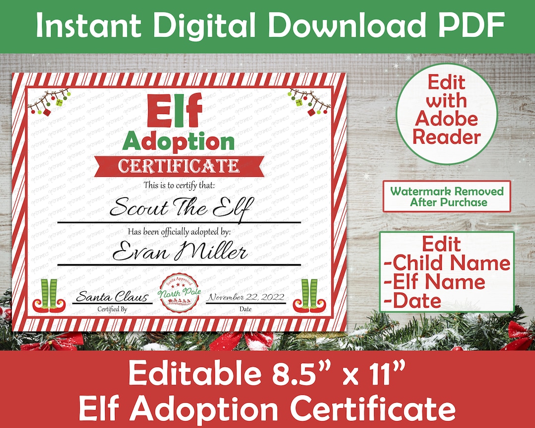 Editable Elf Adoption Certificate | Printable Customizable Elf Adoption ...