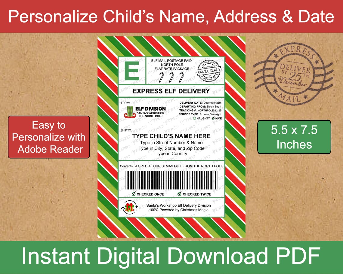 Editable Elf Shipping Label Template 5.5x7.5 North Pole Mail - Etsy