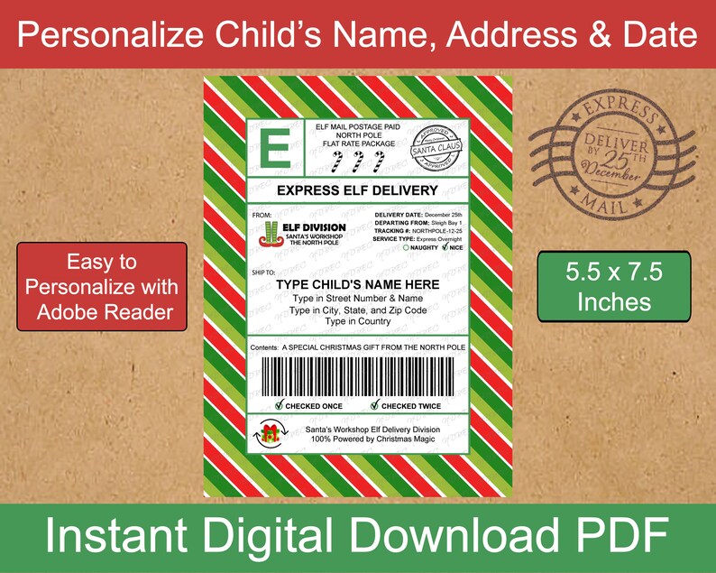 Editable Elf Shipping Label Template 5.5x7.5 | North Pole Mail | Sleigh ...