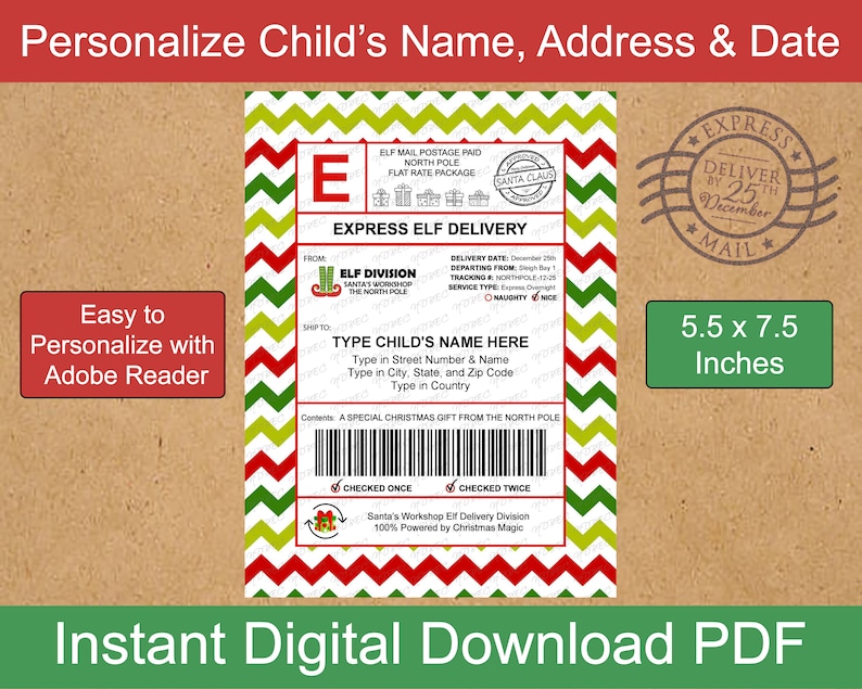 Editable Elf Shipping Label Template 5.5x7.5 North Pole Mail Sleigh ...