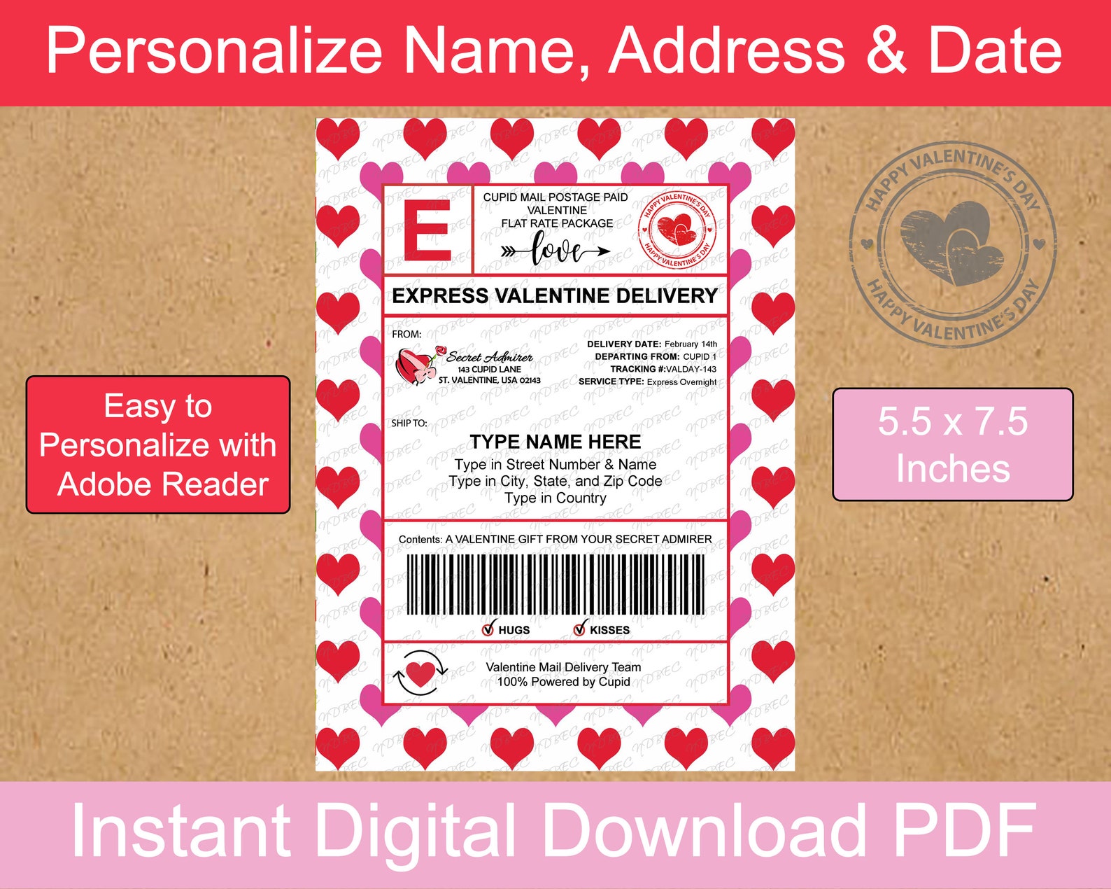 Editable Valentine's Day Shipping Label Template 5.5x7.5 Valentine's ...