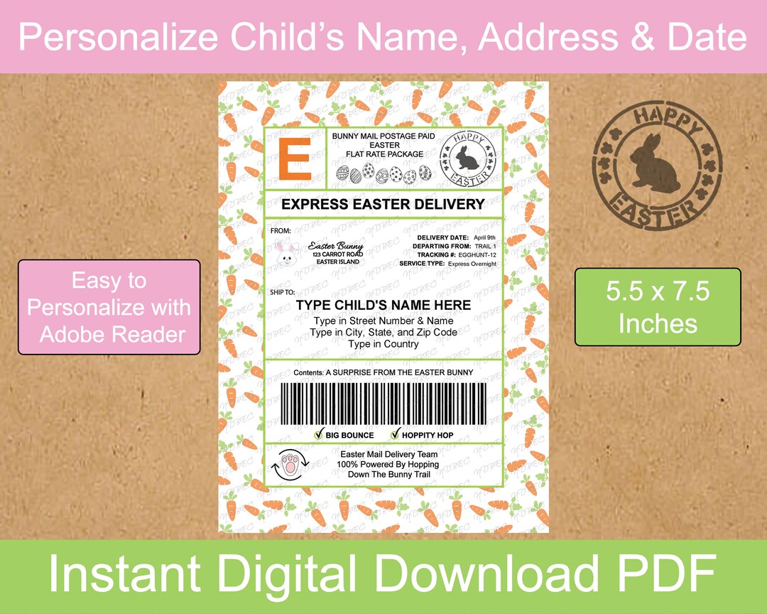 Editable Easter Bunny Shipping Label Template 5.5x7.5 | Novelty Mail ...