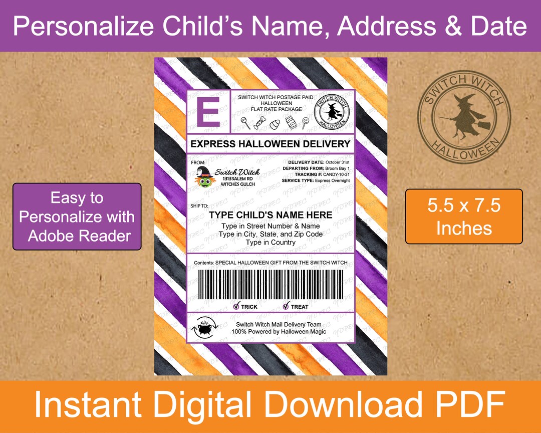 Editable Switch Witch Shipping Label Template 5.5x7.5 | Halloween Mail ...