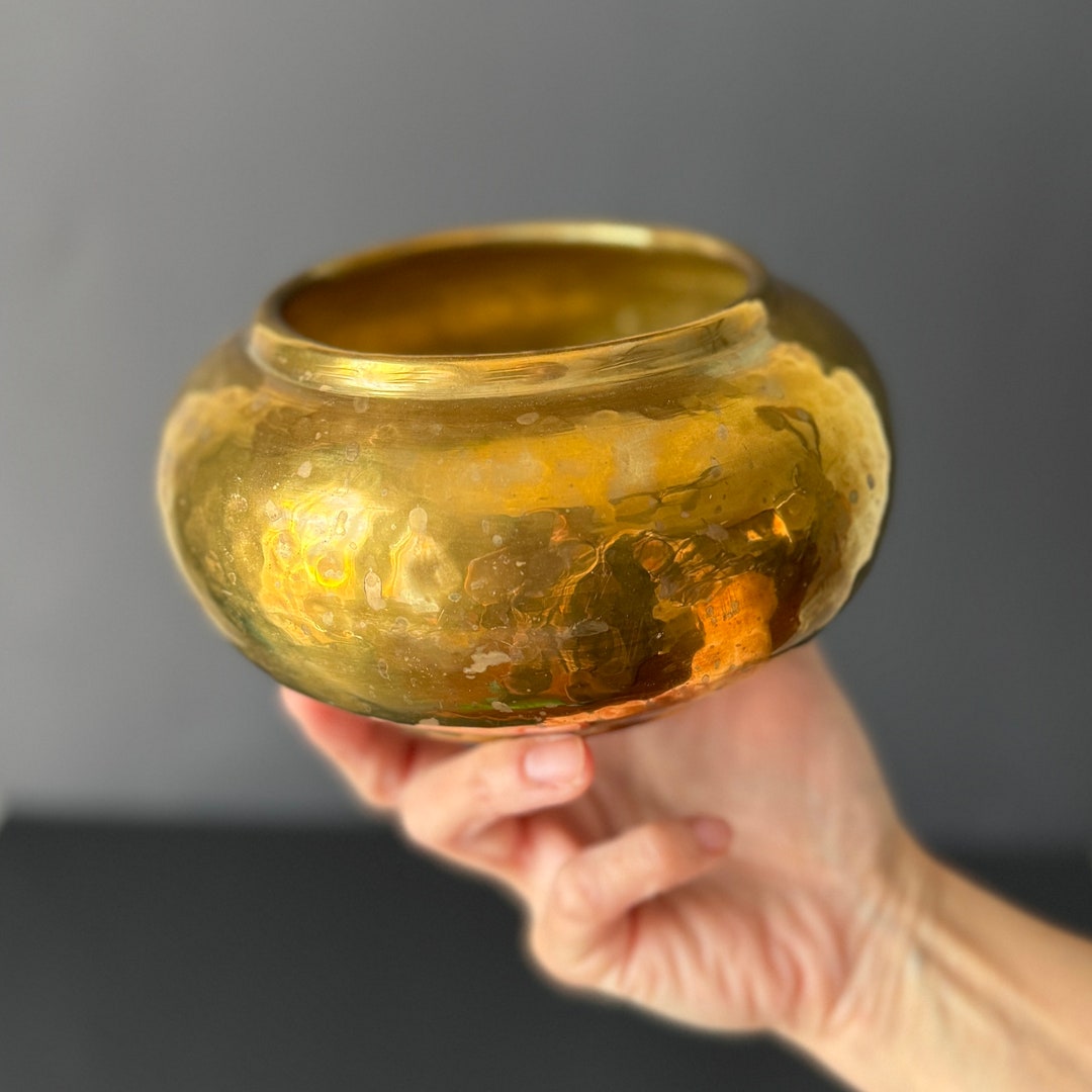 Vintage Hammered Brass Planter Short Round Vase Gold Finish - Etsy