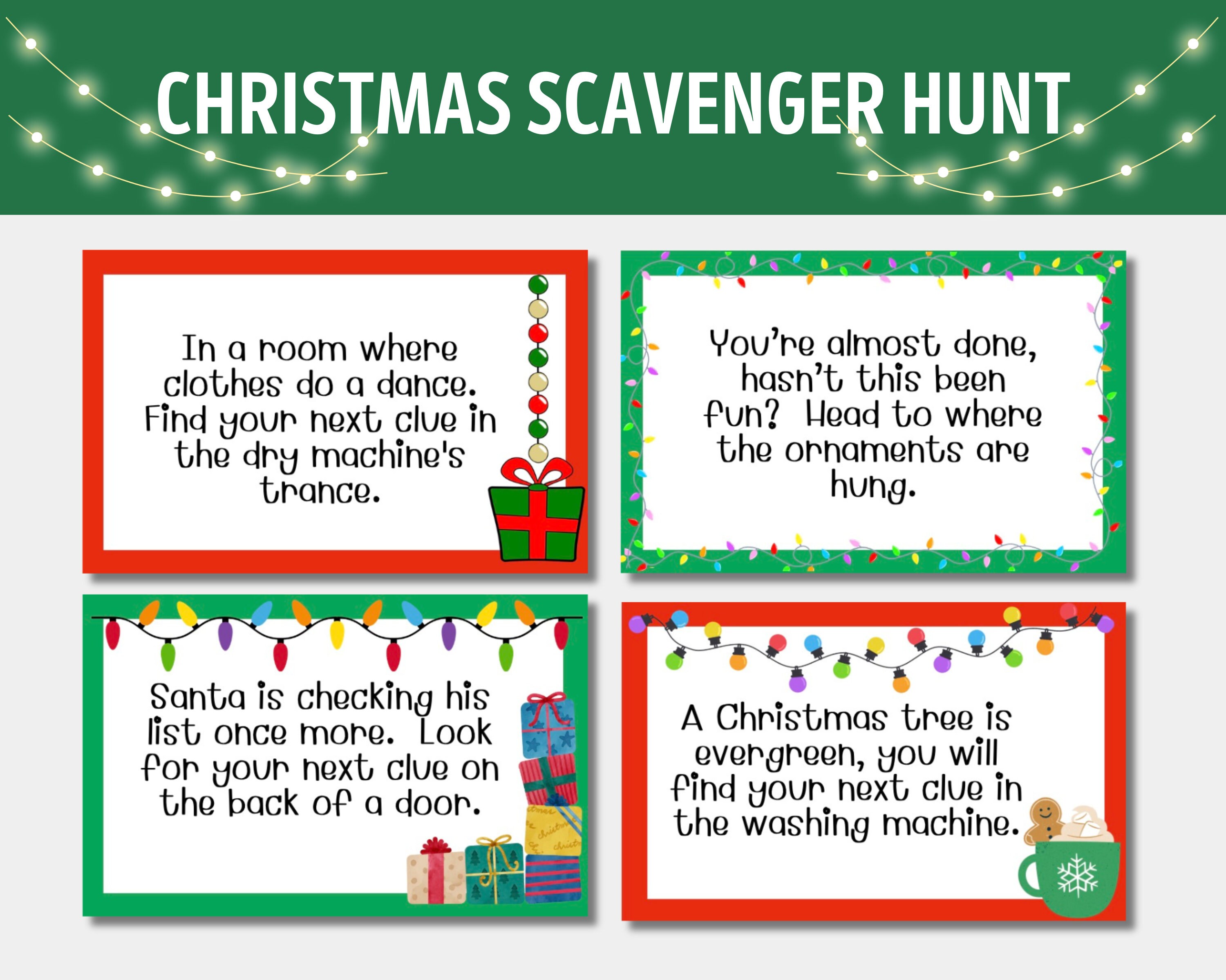 32 Christmas Scavenger Hunt Clues: Printable Riddle Cards for Kids - Etsy