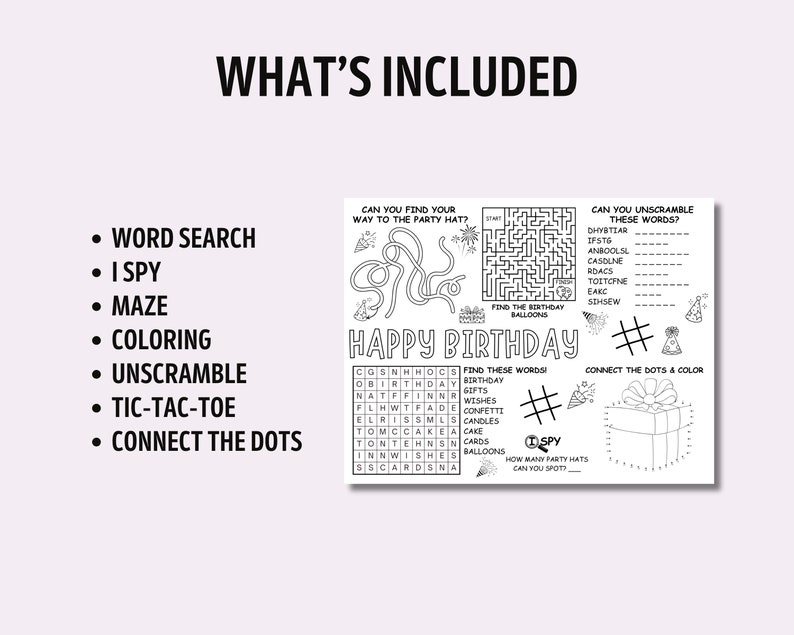 Birthday Activity Placemat Printable: Kids Coloring Page (PDF) - Etsy