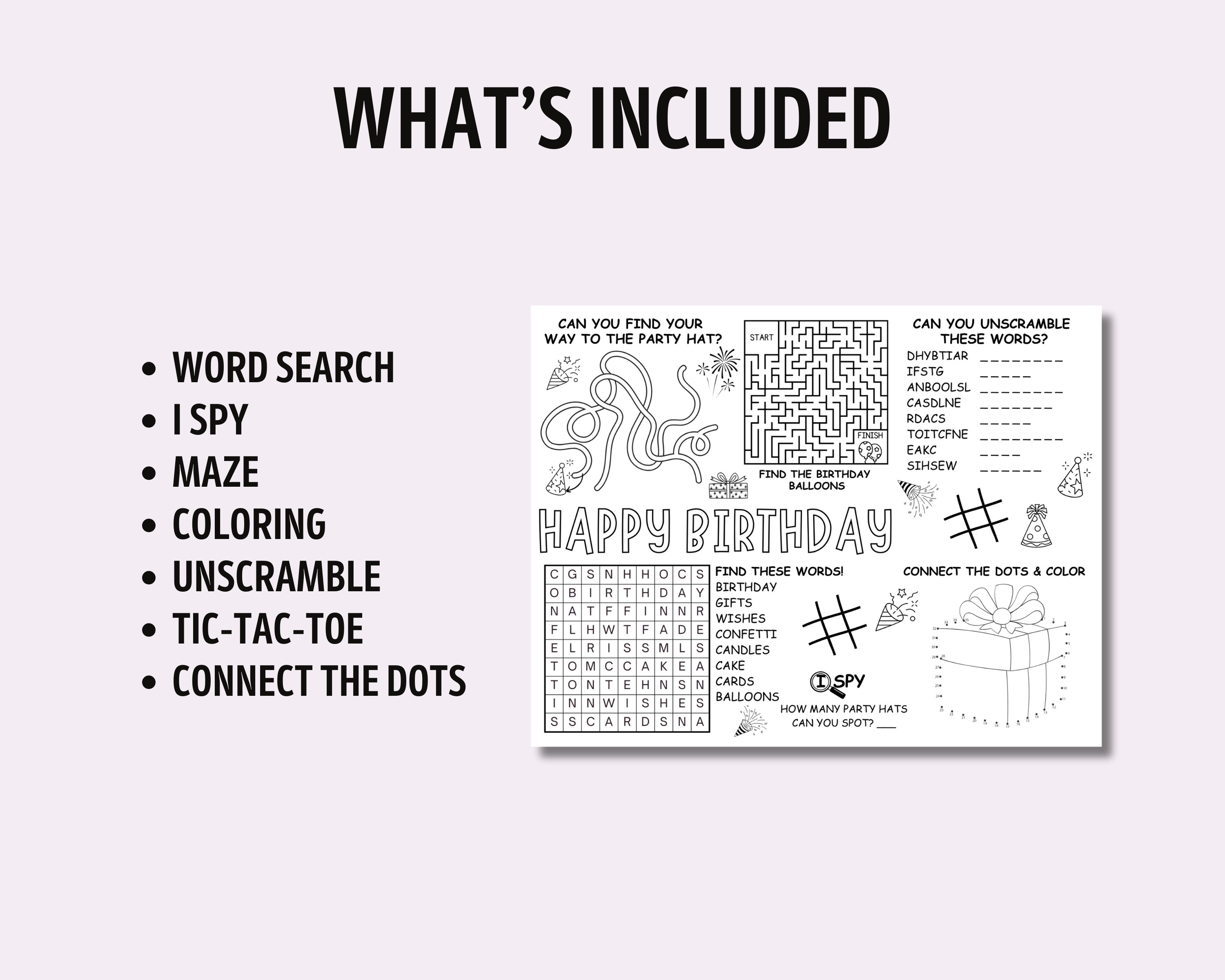 Birthday Activity Placemat Printable: Kids Coloring Page (PDF) - Etsy