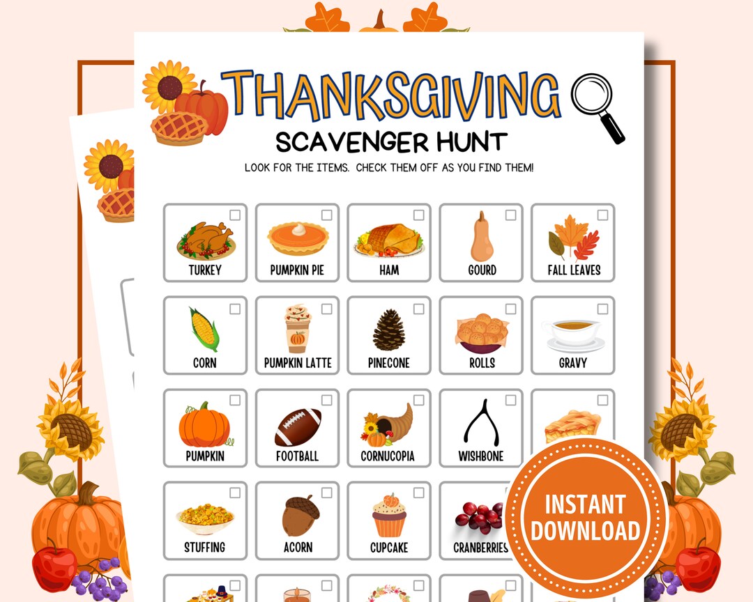 Kids Thanksgiving Scavenger Hunt Game | Printable Family Game Digital ...