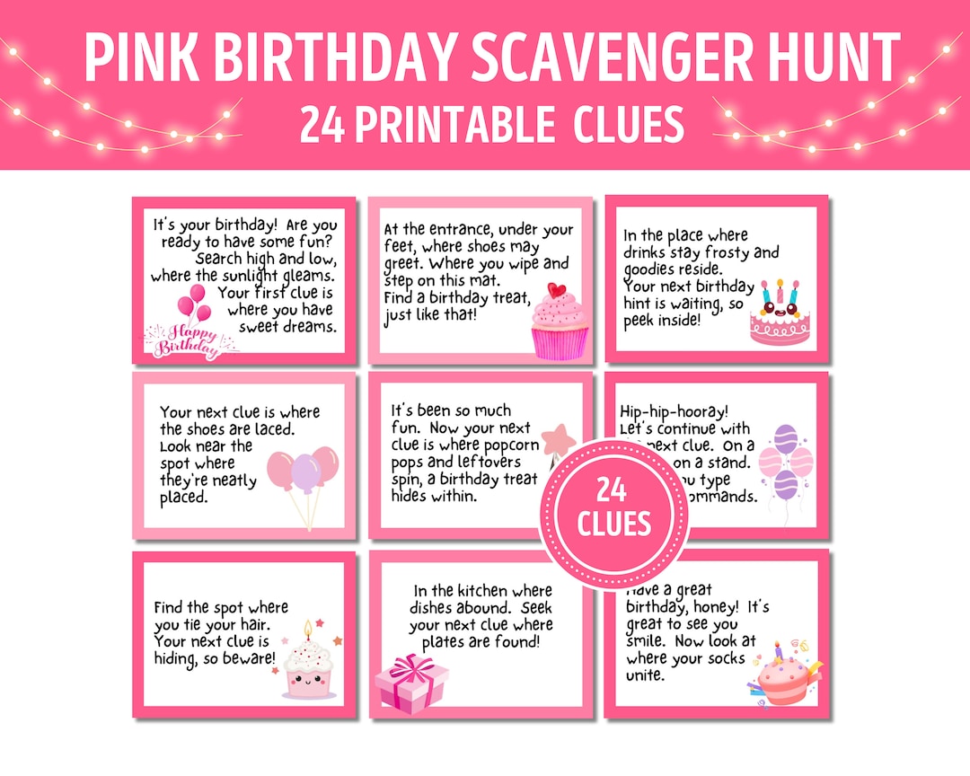 Pink Birthday Scavenger Hunt Clues: Kids Treasure Hunt (PDF) - Etsy