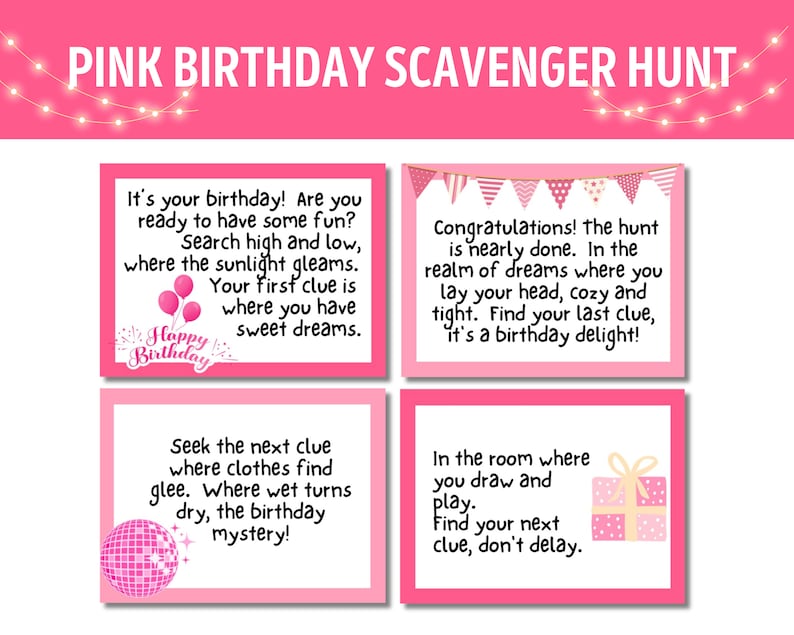 Pink Birthday Scavenger Hunt Clues: Kids Treasure Hunt (PDF) - Etsy