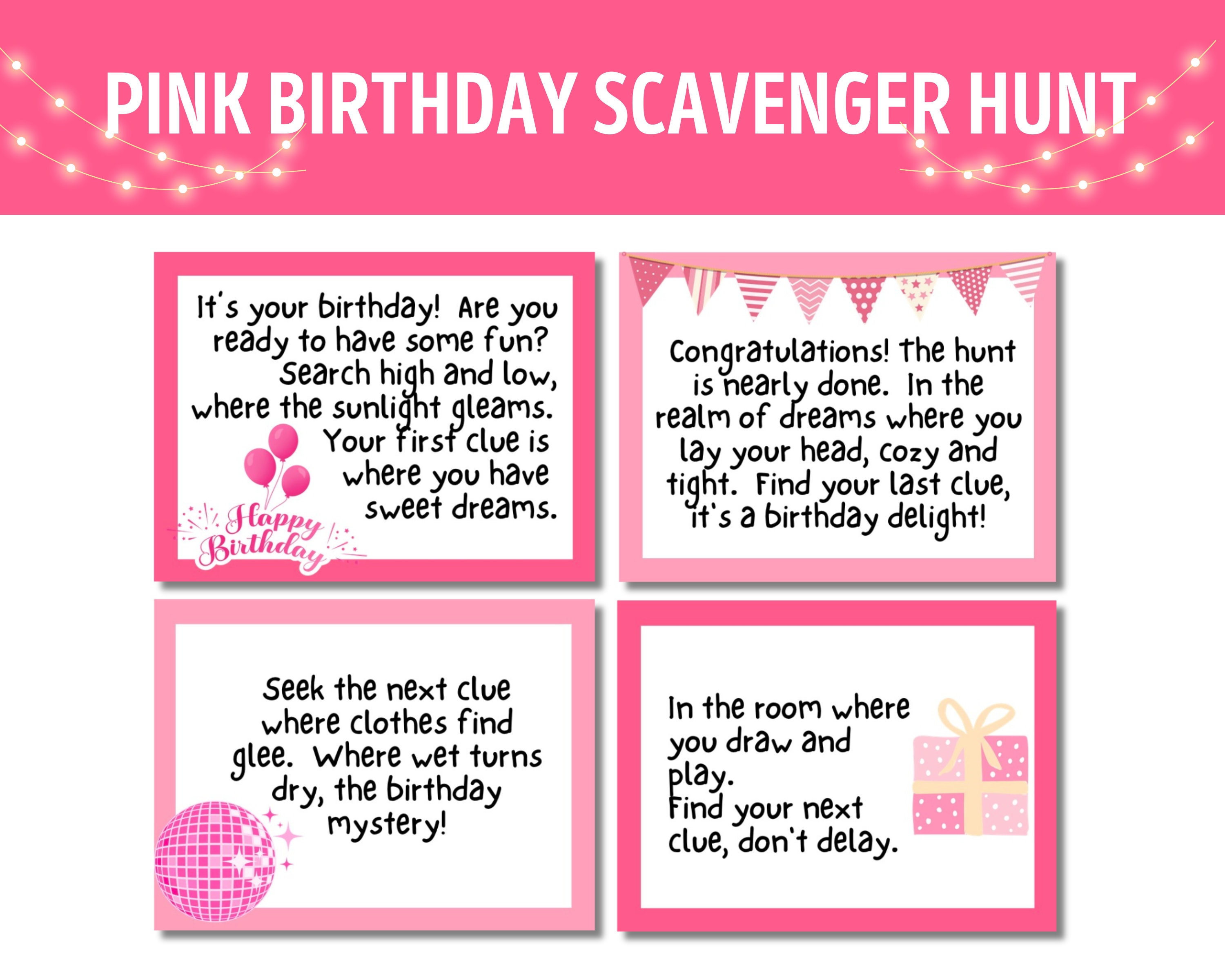 Pink Birthday Scavenger Hunt Clues: Kids Treasure Hunt (PDF) - Etsy