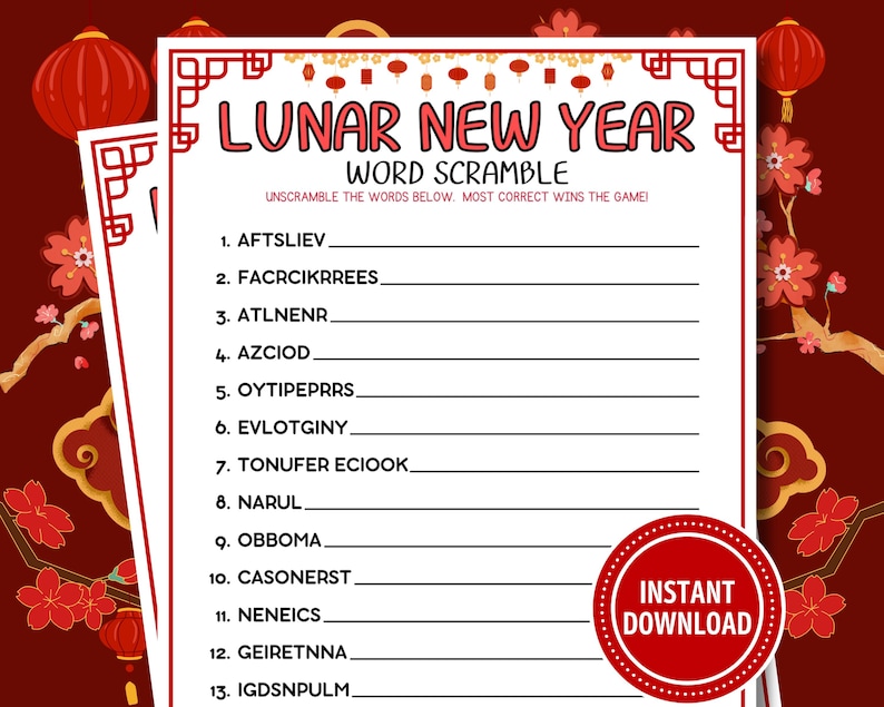 Lunar New Year Word Scramble Game: Printable Holiday Activity (digital ...