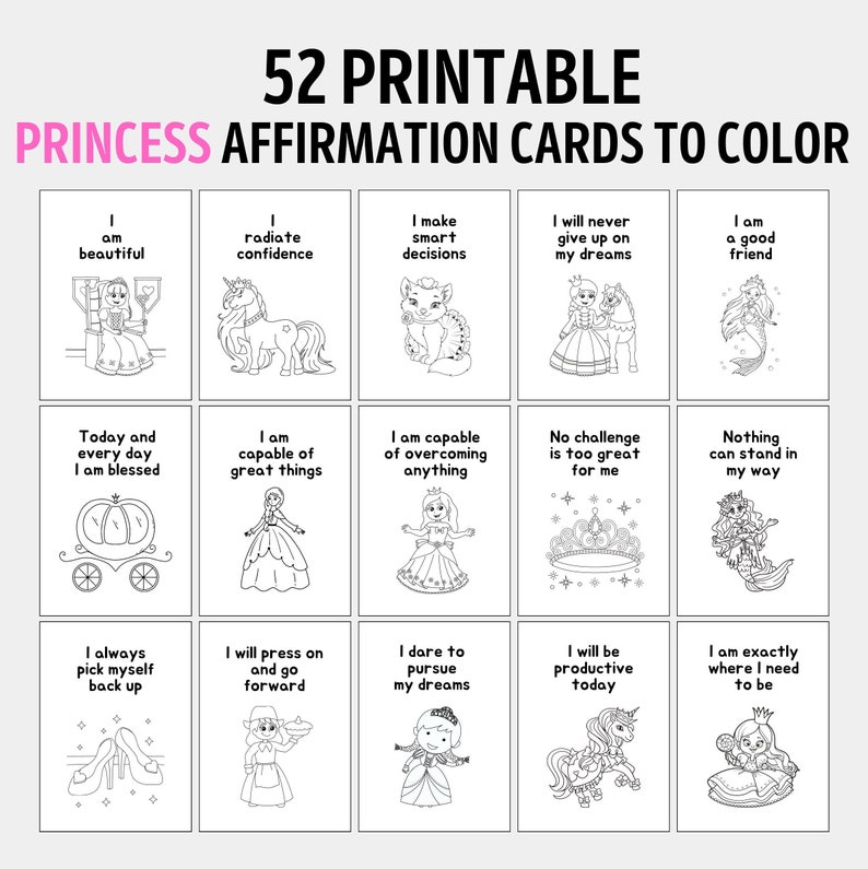 Princess Affirmation Cards to Color: 52 Printable Kids' Positivity ...