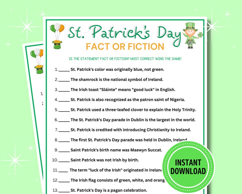 St. Patrick's Trivia Fact or Fiction Game | Printable St. Patrick's ...