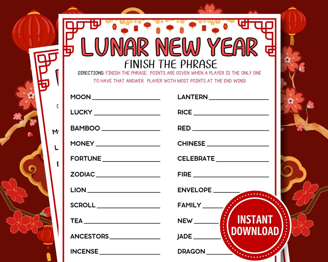 Lunar New Year Finish the Phrase Game: Printable Activity (digital ...