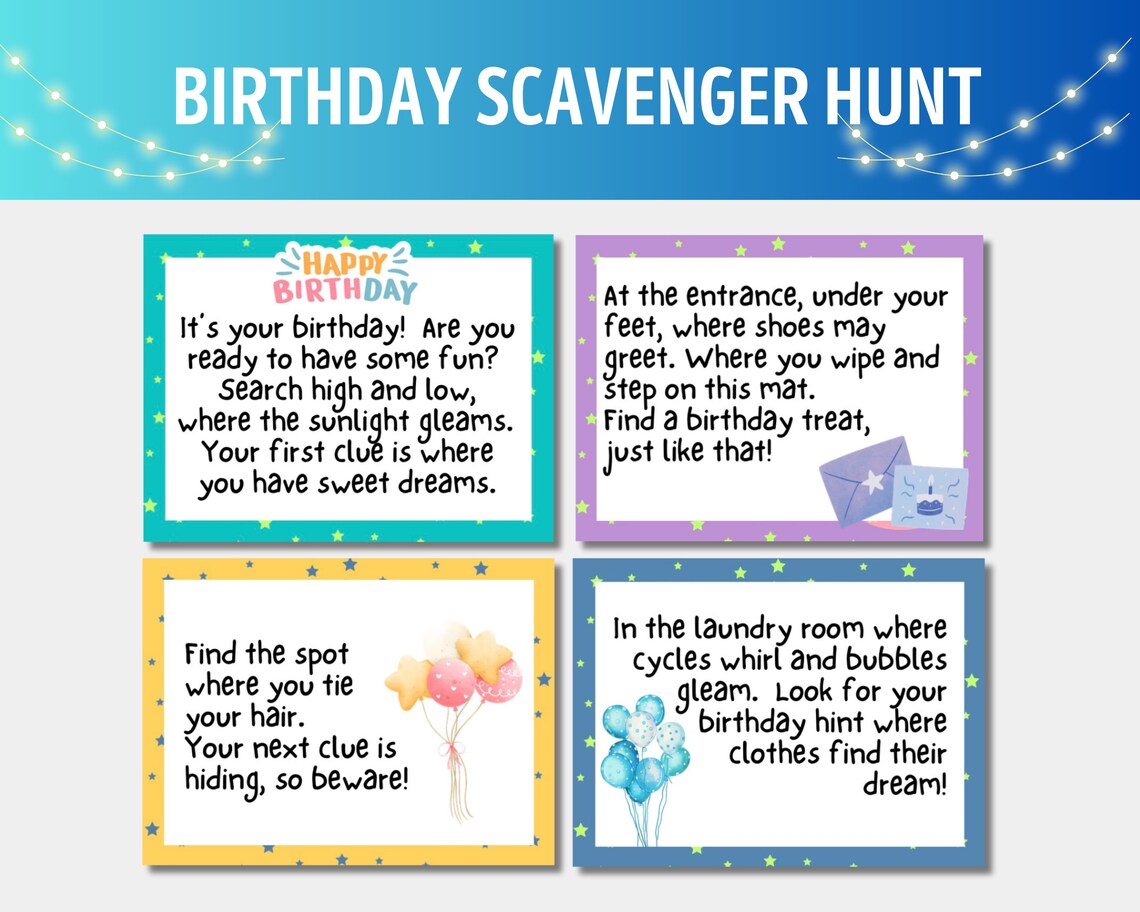 Birthday Scavenger Hunt Clues Kids Birthday Scavenger Hunt Cards丨 ...