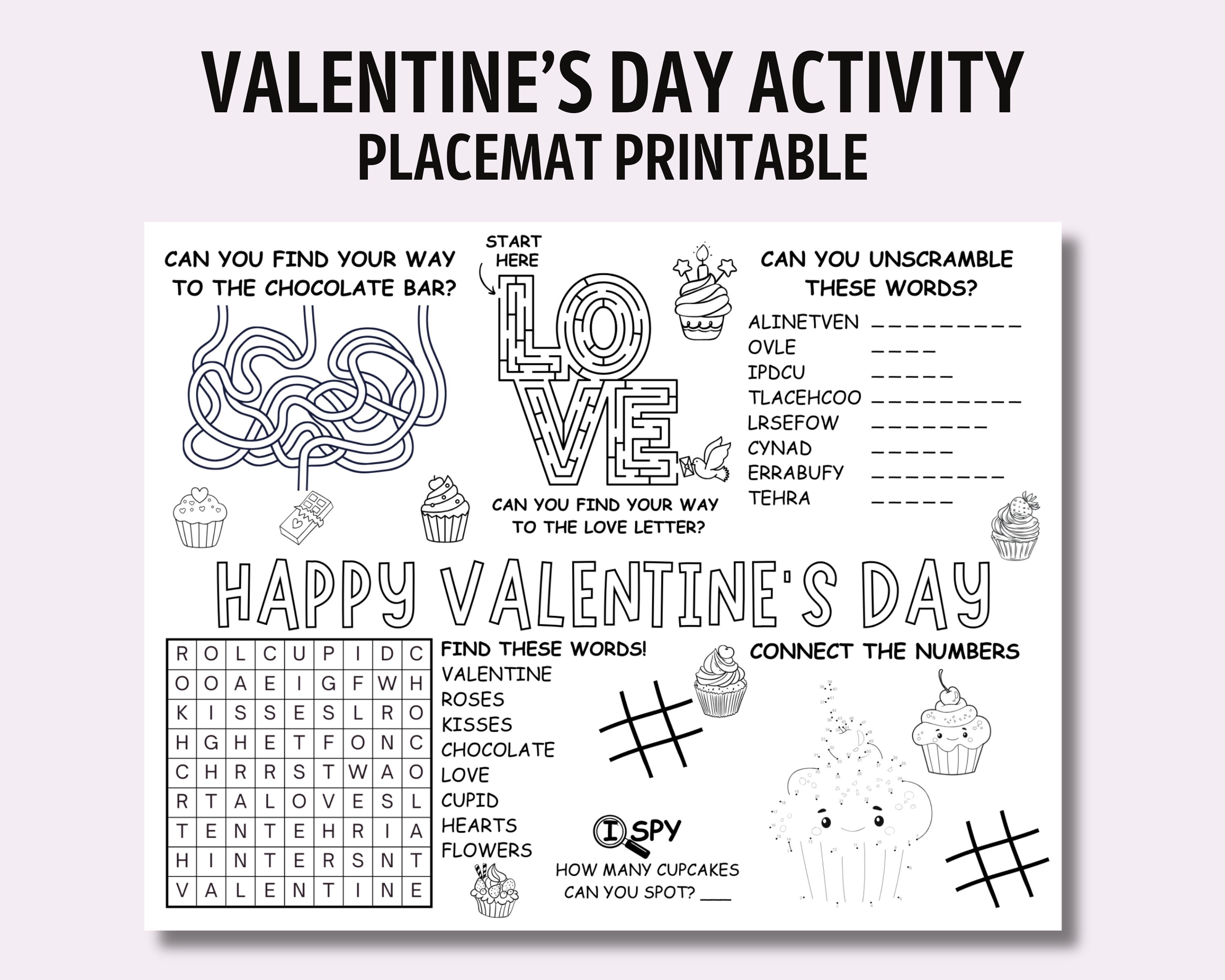 Valentine's Printable Placemat Activity for Kids, Valentine Kids ...