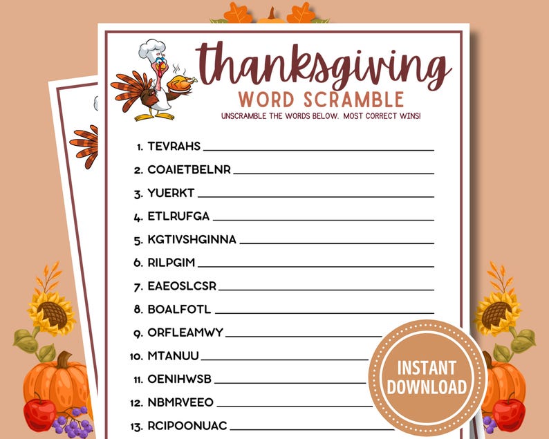 Thanksgiving Word Scramble Game: Printable Party Activity (digital ...