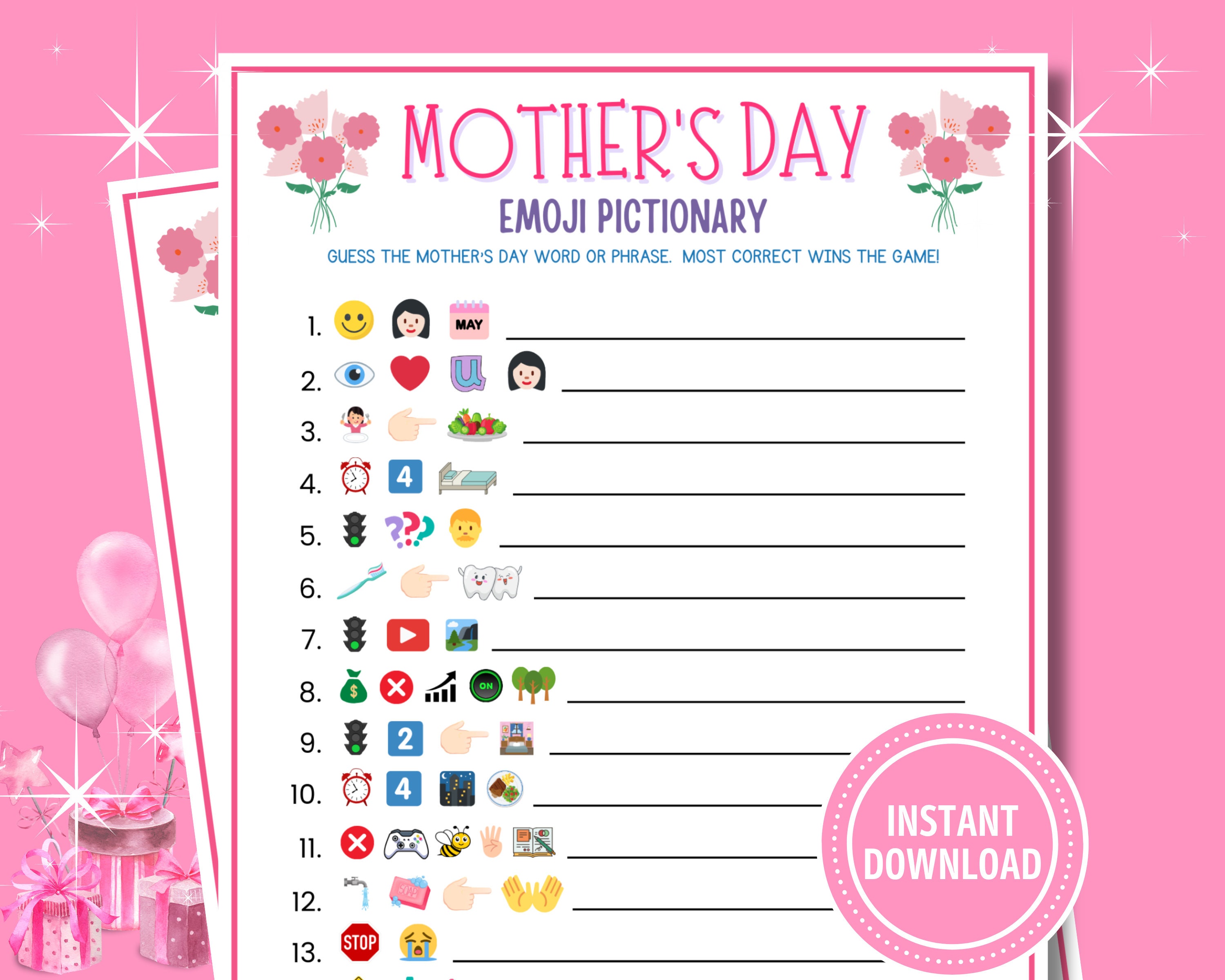 Mother's Day Emoji Pictionary Game: Printable Party Activity (digital ...