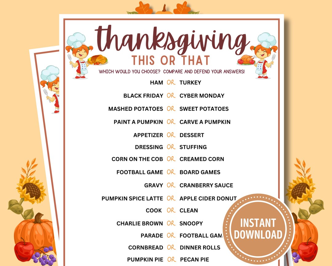 Thanksgiving This or That Game: Printable Activity (digital Download ...