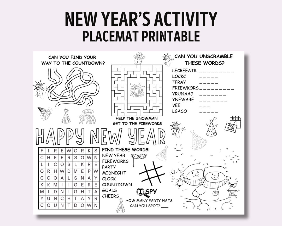 New Year Activity Placemat: Kids Coloring Page (PDF) - Etsy