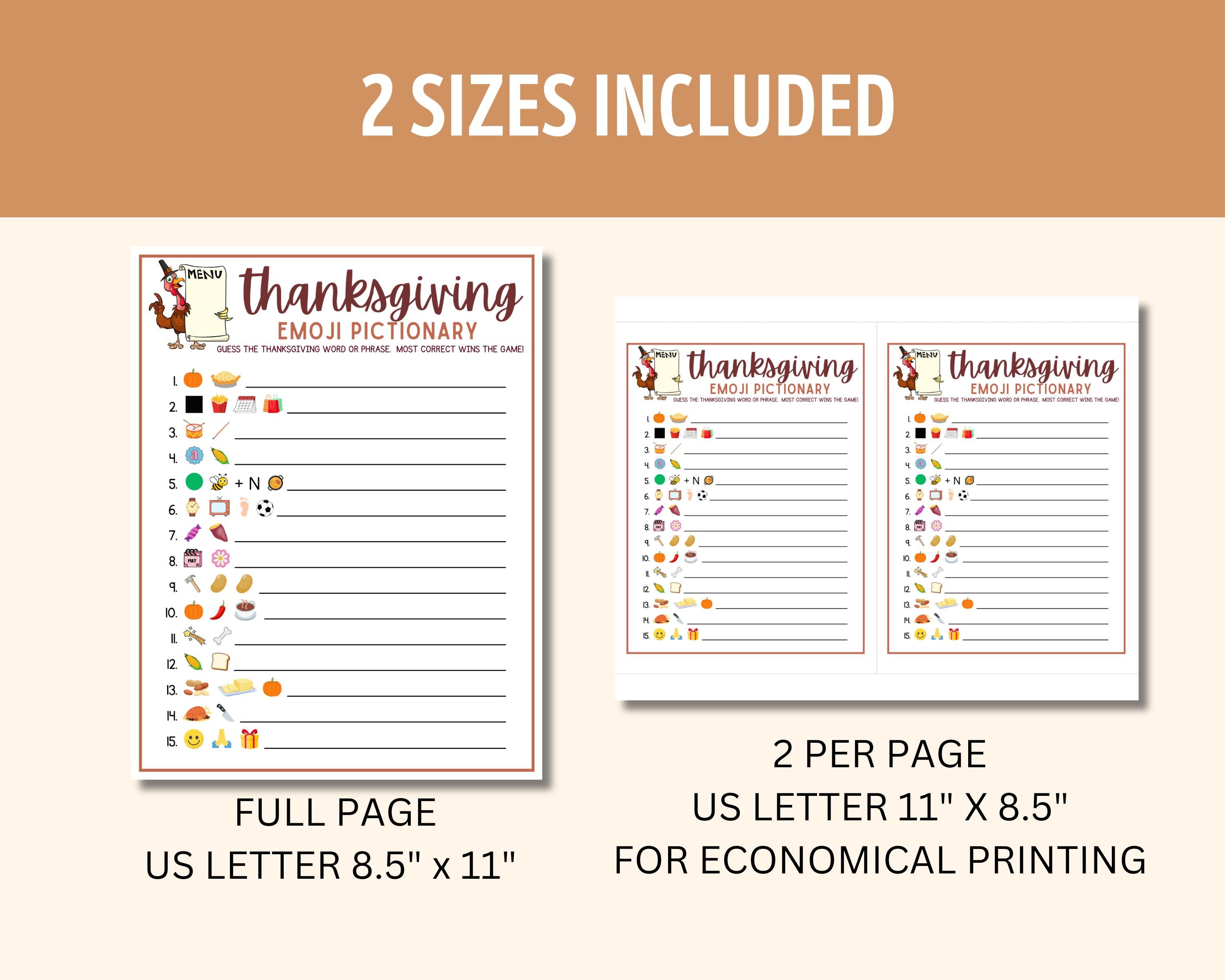 Thanksgiving Emoji Pictionary Game: Printable Family Fun Game for Kids ...