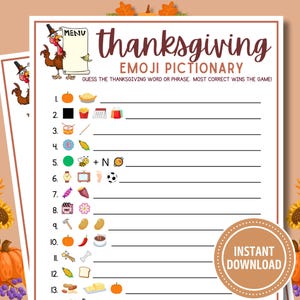 Thanksgiving Emoji Pictionary Game: Printable Family Fun Game for Kids ...