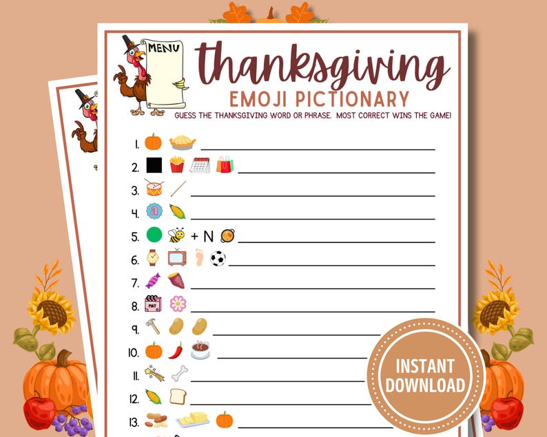 Thanksgiving Emoji Pictionary Game | Printable Thanksgiving Game ...