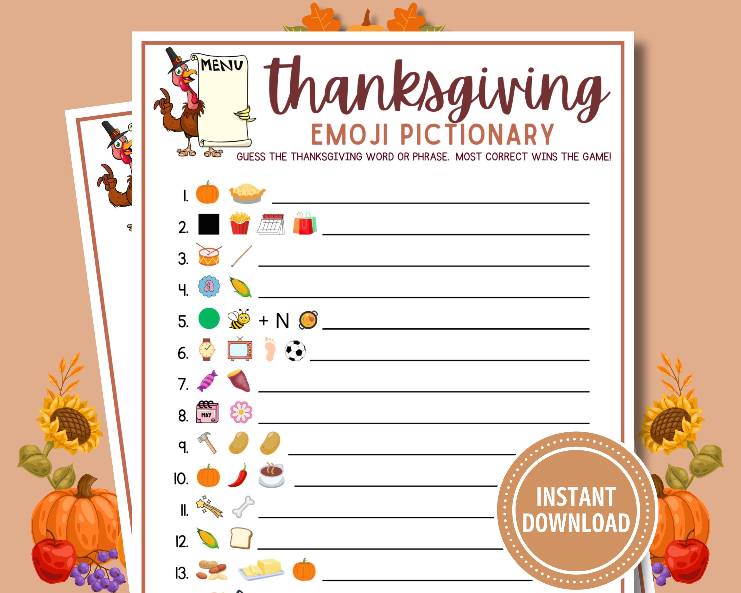 Thanksgiving Emoji Pictionary Game: Printable Family Fun Game for Kids ...