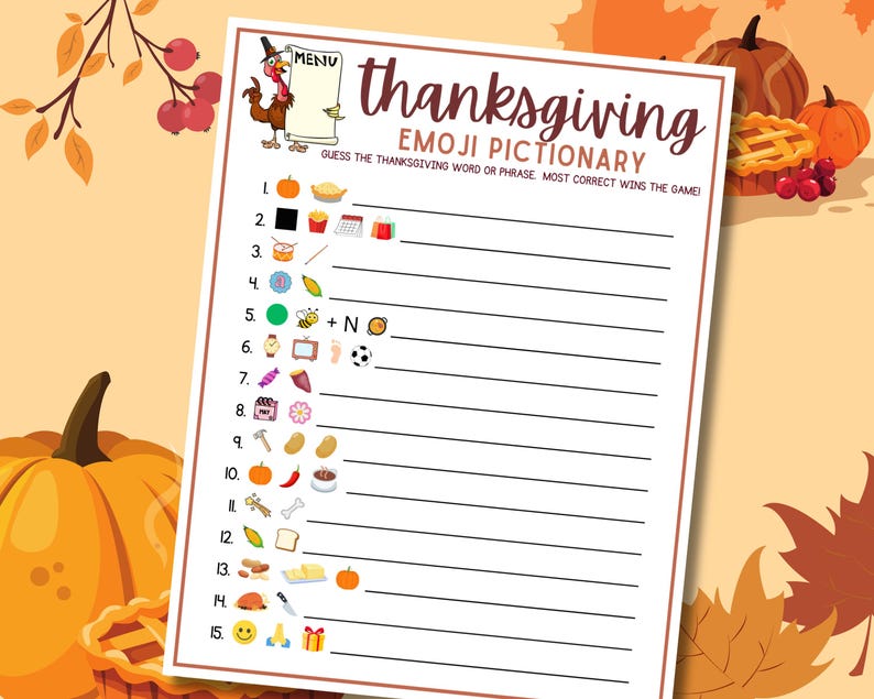 Thanksgiving Emoji Pictionary Game: Printable Family Fun Game for Kids ...