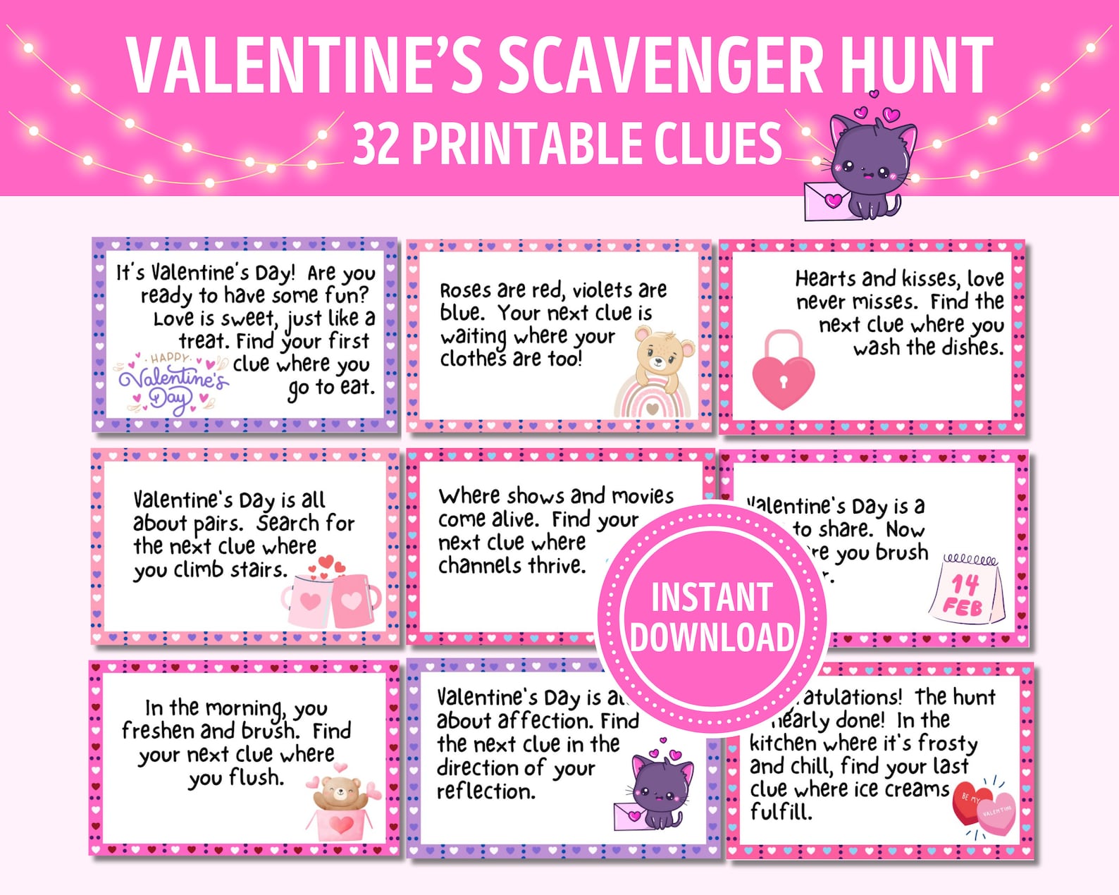Valentine's Scavenger Hunt Riddles: 32 Clue Cards (PDF Download) - Etsy