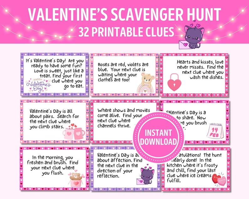 Valentine's Scavenger Hunt Riddles: 32 Clue Cards (PDF Download) - Etsy