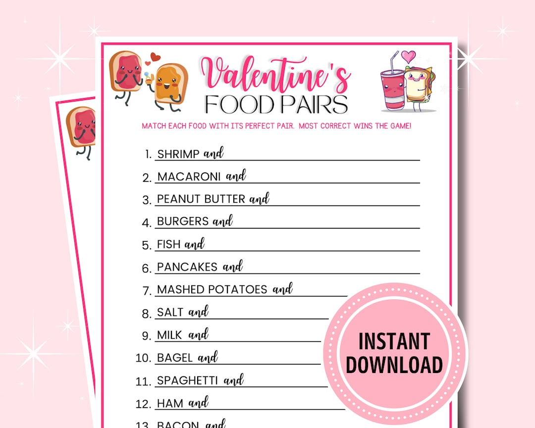 Valentine's Food Pairs Game Printable Valentine Games Digital Download ...