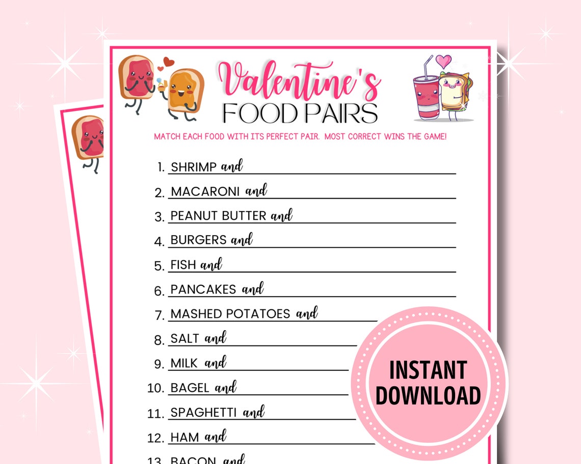 Valentine's Food Pairs Game Printable Valentine Games Digital Download ...